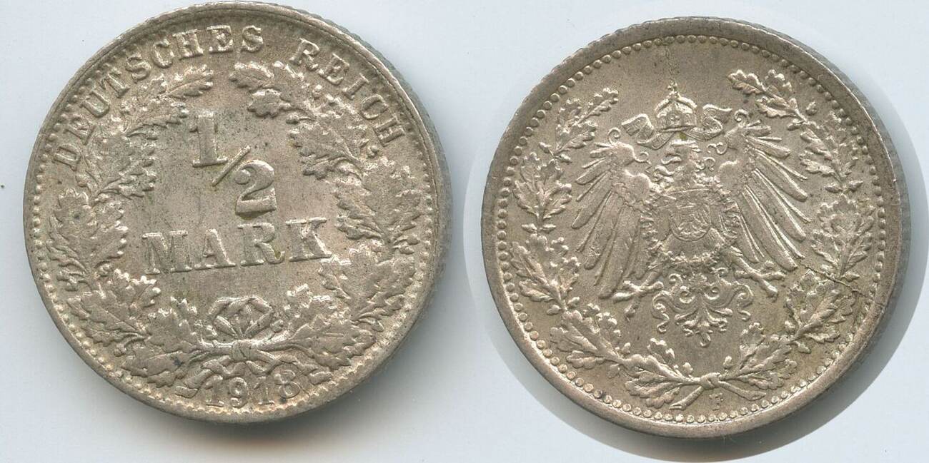 Deutsches Reich Kaiserreich ½ Mark Silber 1918 F Stuttgart G10231 ...