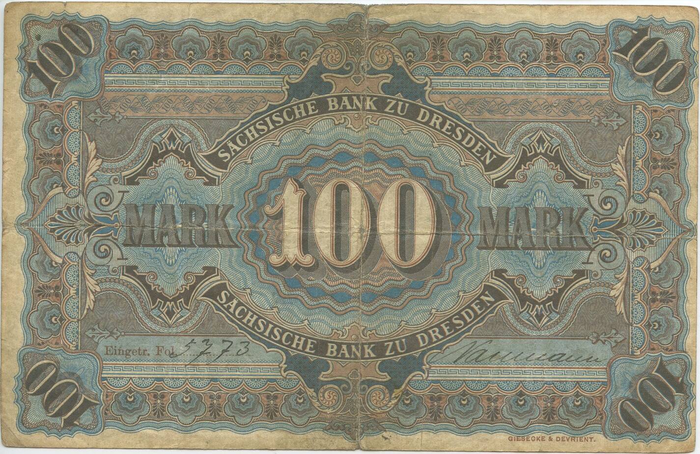 Deutsches Reich Weimar Sachsen 100 Mark Banknote 15. Juni 1890 GB568 - Sächsische Bank Dresden ...