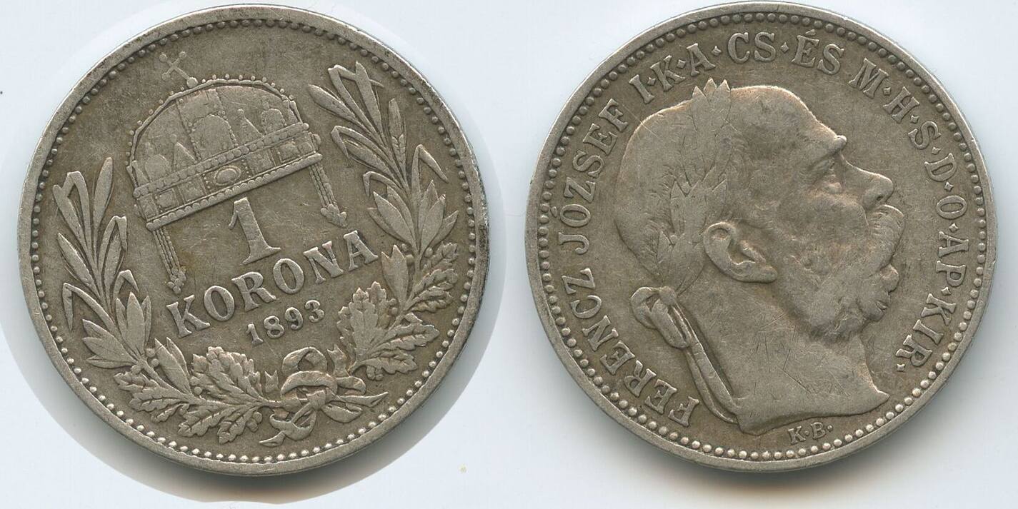 Ungarn Kaiserreich 1 Korona (Krone) Silber 1893 KB Kremnitz G5674 - Kaiser Franz Joseph I. 1848 ...