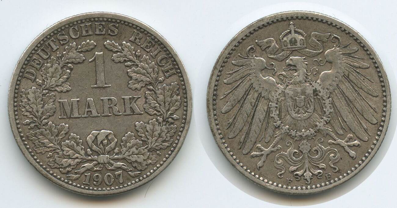 Deutsches Reich Kaiserreich 1 Mark Silber 1907 F Stuttgart G10715 - Wilhelm II. 1888-1918 ...