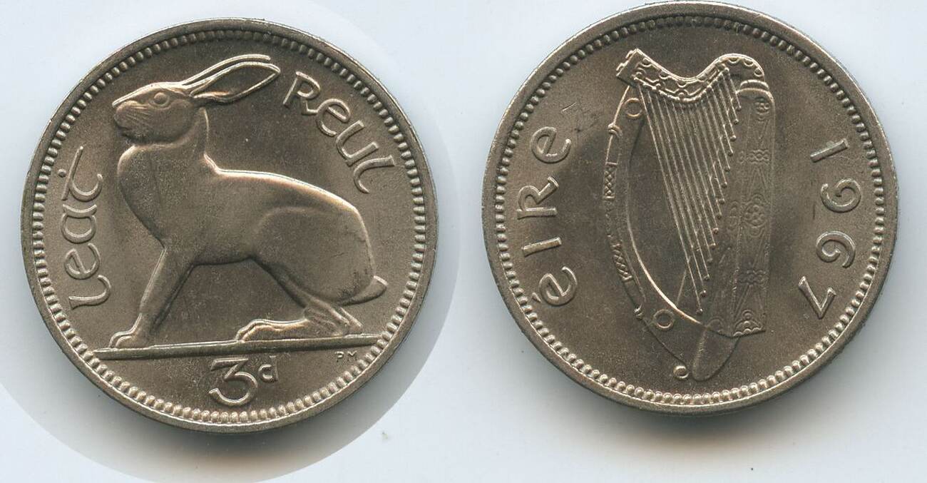 Irland 3 Pingin / ½ Reul (3 Pence) 1967 G7793 - Hase Hare Ireland Éire ...