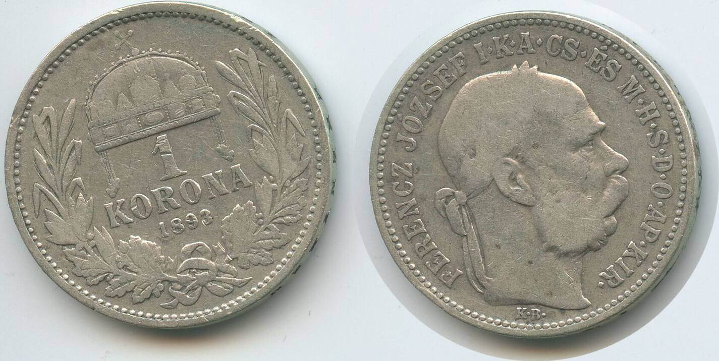 Ungarn Kaiserreich 1 Korona (Krone) Silber 1893 KB Kremnitz G5757 - Kaiser Franz Joseph I. 1848 ...
