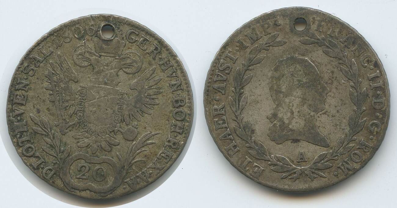 RDR Österreich 20 Kreuzer Silber 1806 A Wien M#6531 - Franz II. 1792-1835 Austria Schön, gelocht ...