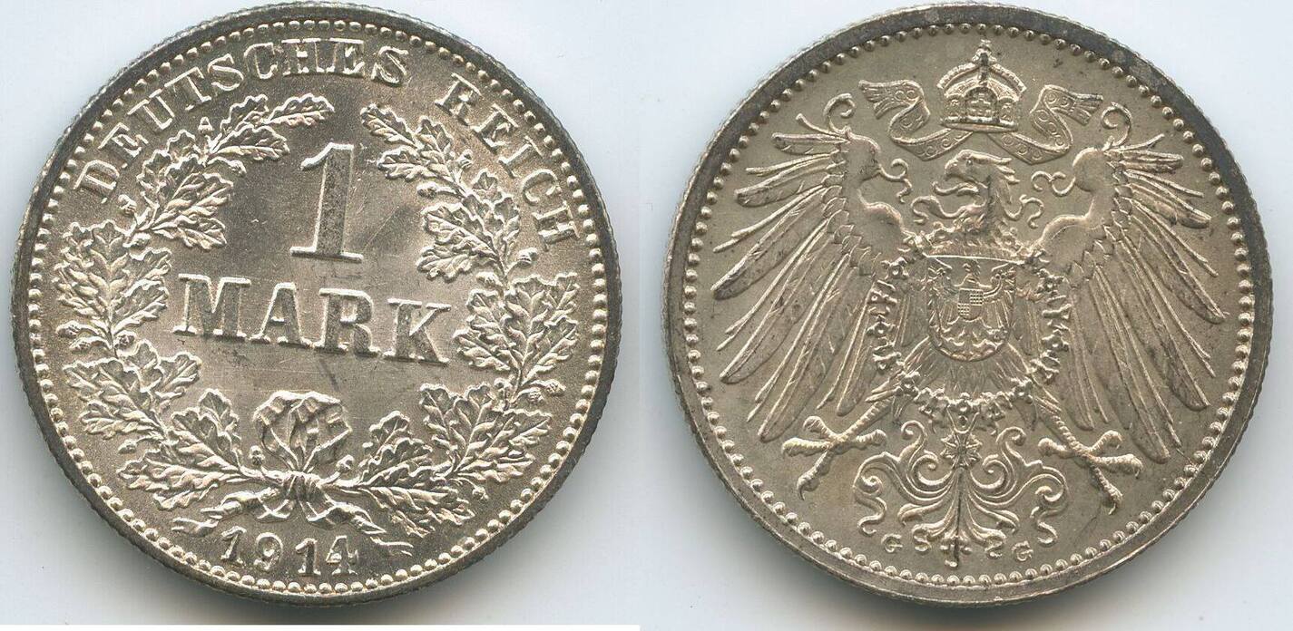 Deutsches Reich Kaiserreich 1 Mark Silber 1914 G Karlsruhe S0469 - Germany Empire Wilhelm II ...