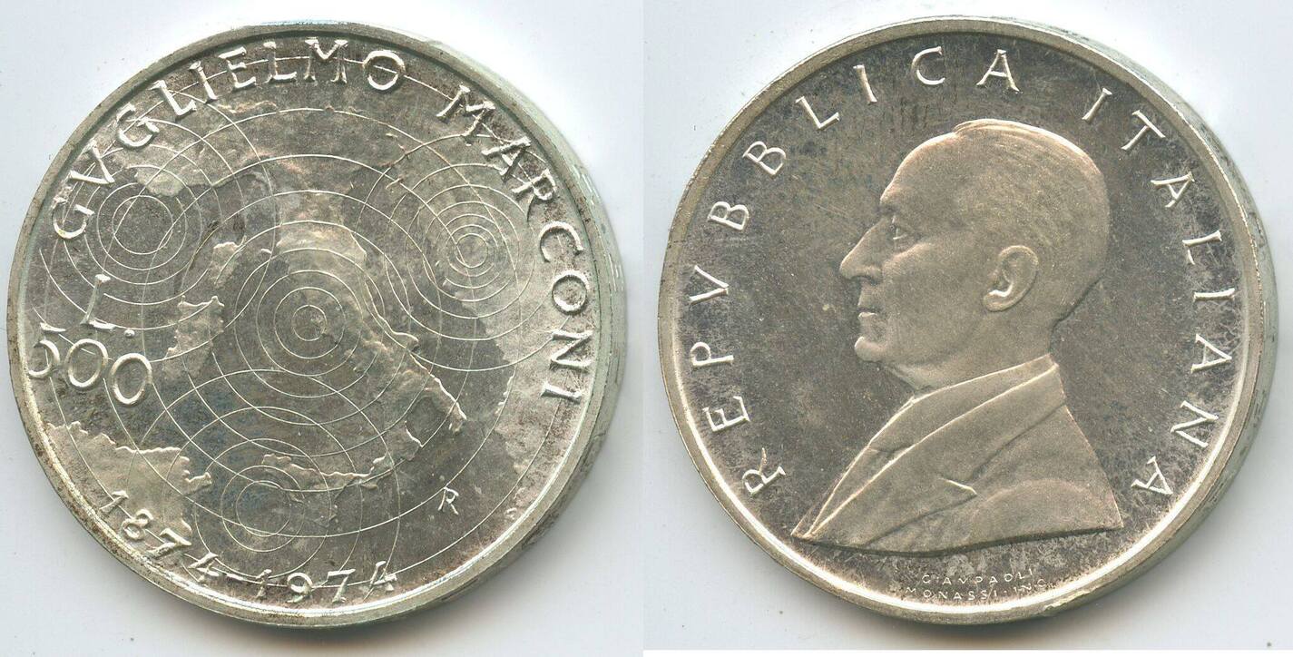 Italien Republik 500 Lire Silber 1974 R Rom M#7592 - 100th Anniversary of the birth of Guglielmo ...