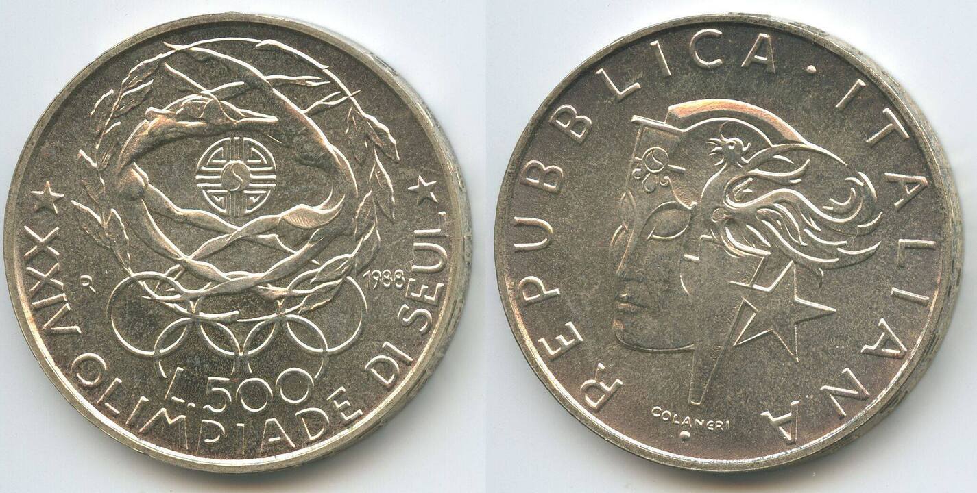 Italien Republik 500 Lire Silber 1988 R Rom M#7604 - XXIV Summer Olympics Seoul 1988 Italy ...