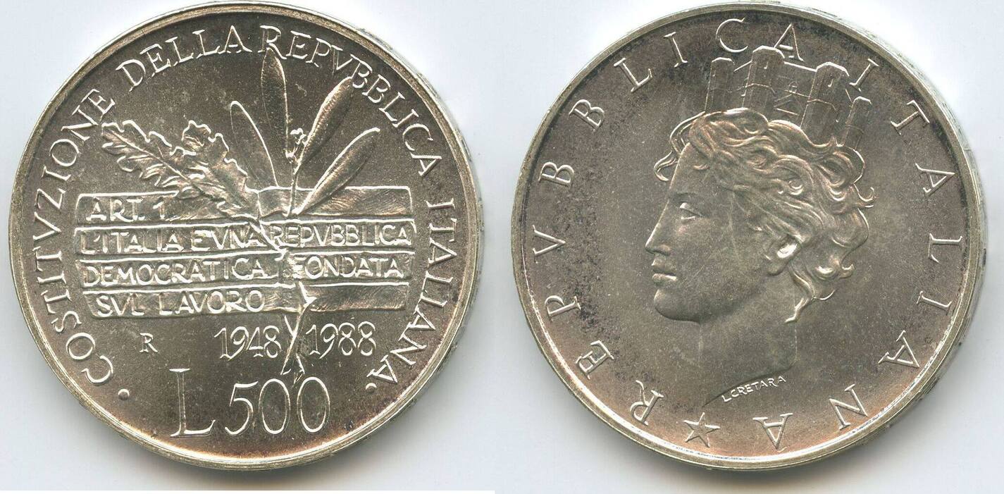 Italien Republik 500 Lire Silber 1988 R Rom M#7606 - 40th Anniversary of Italian Constitution ...