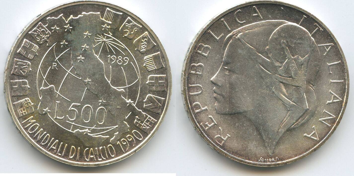 Italien Republik 500 Lire Silber 1989 R Rom M#7608 - Fussball WM - FIFA World Cup 1990 - Italy ...
