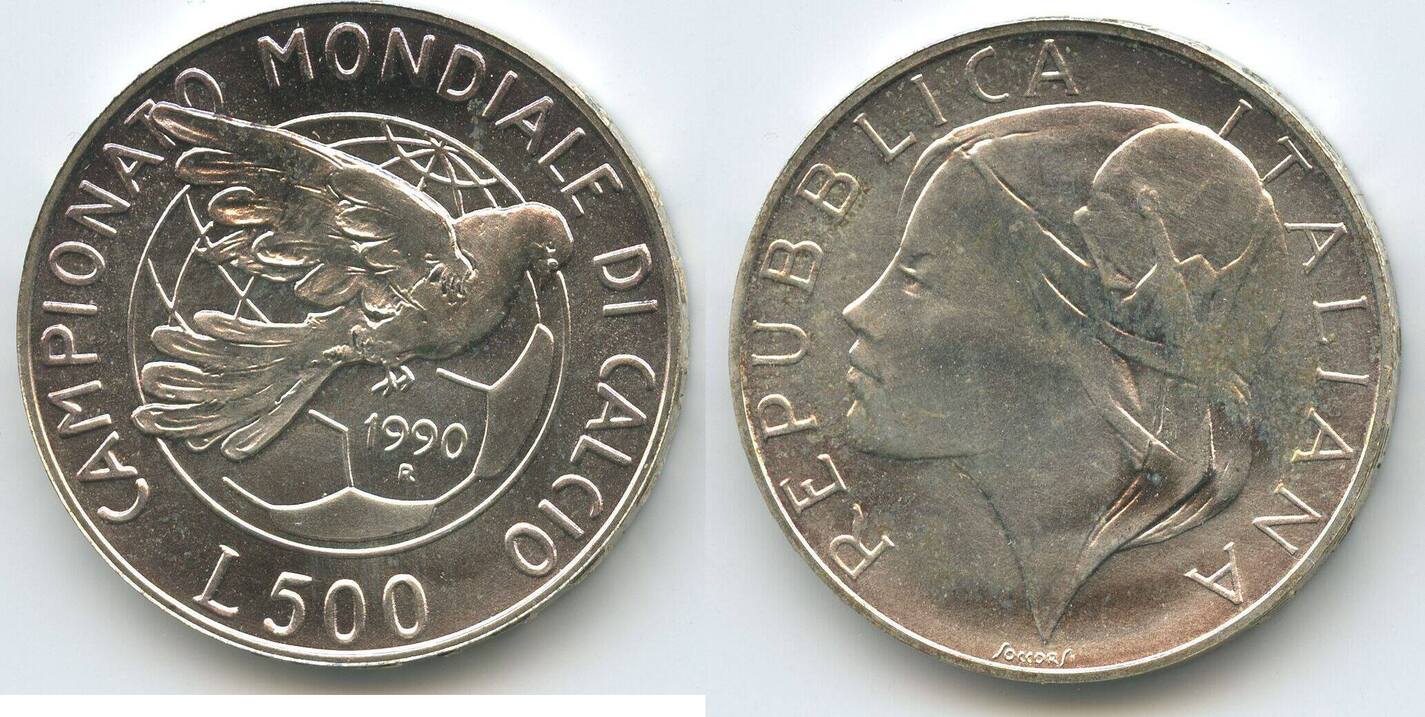 Italien Republik 500 Lire Silber 1990 R Rom M#7609 - Taube Fussball WM - FIFA World Cup 1990 ...
