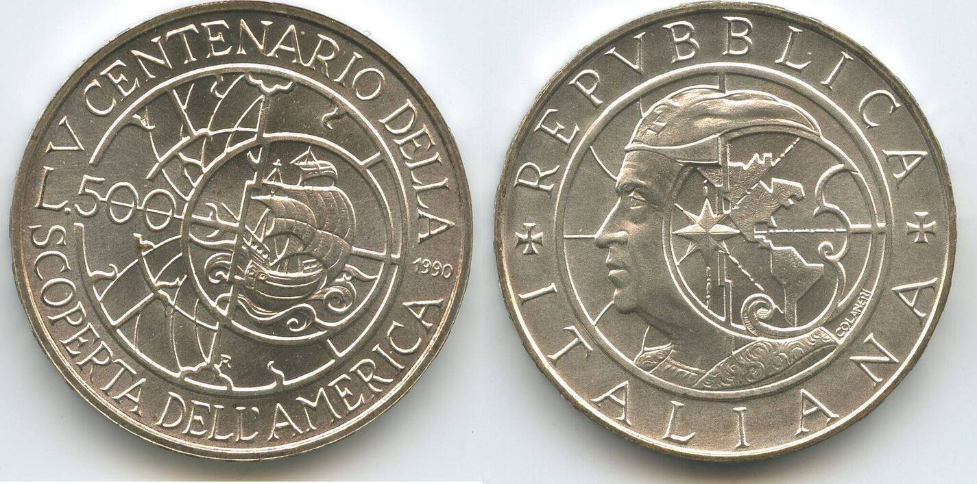 Italien Republik Italy 500 Lire Silber 1990 R Rom M#7613 - 500th Anniversary of discovery of ...