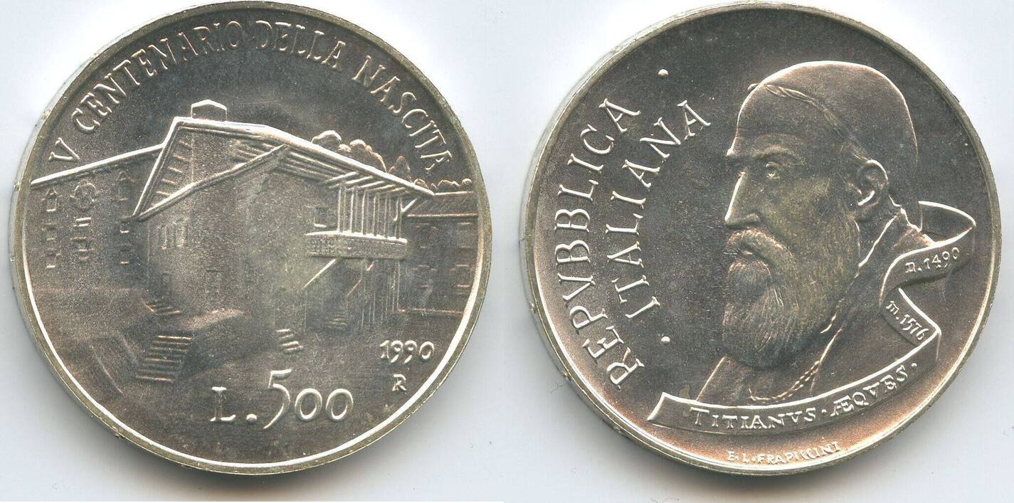 Italien Republik Italy 500 Lire Silber 1990 R Rom M#7614 - 500th Anniversary - Birth of Tiziano ...