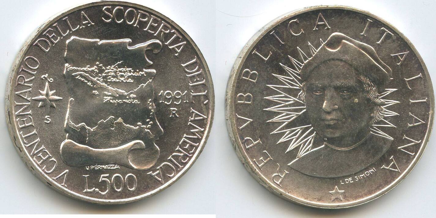 Italien Republik Italy 500 Lire Silber 1991 R Rom M#7645 - 500th Anniversary of discovery of ...