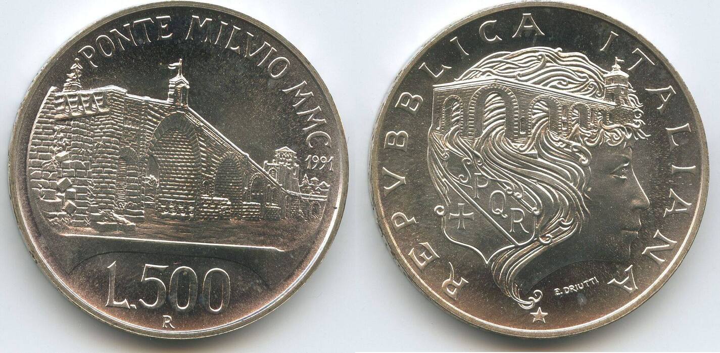 Italien Republik Italy 500 Lire Silber 1991 R Rom M#7620 - 2100th Anniversary of the Ponte ...