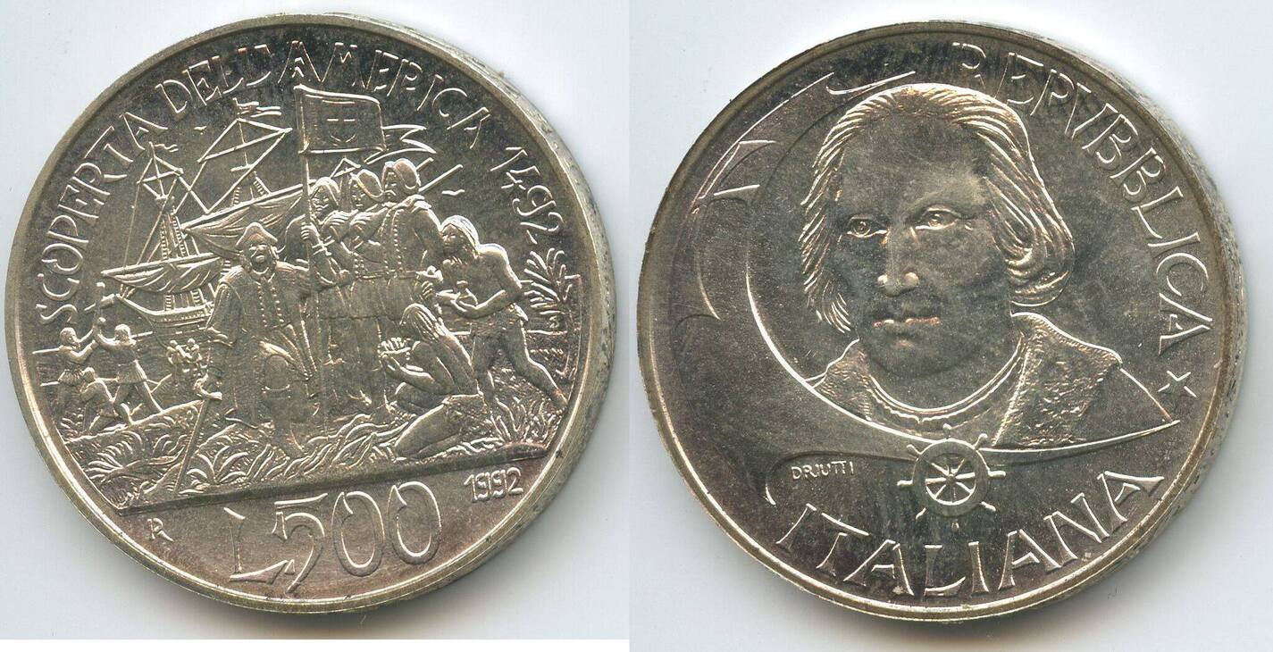 Italien Republik Italy 500 Lire Silber 1992 R Rom M#7617 - 500th Anniversary of discovery of ...