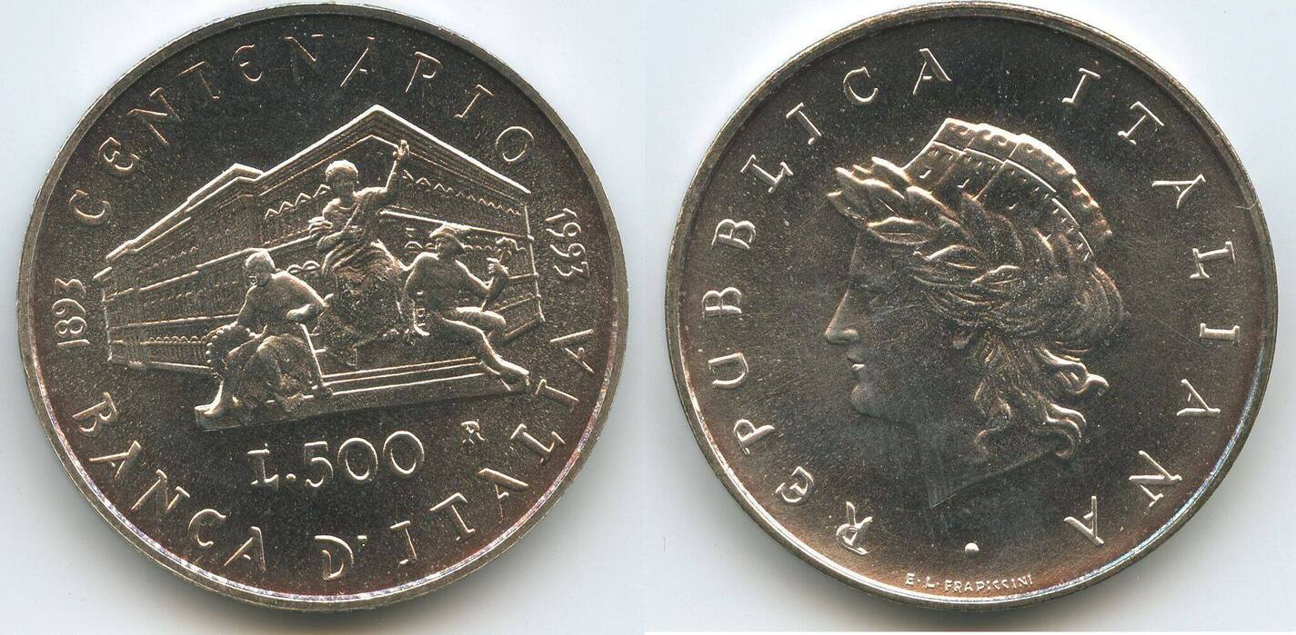 Italien Republik 500 Lire Silber 1993 R Rom M#7618 - Centenary of the Bank of Italy Unzirkuiert ...