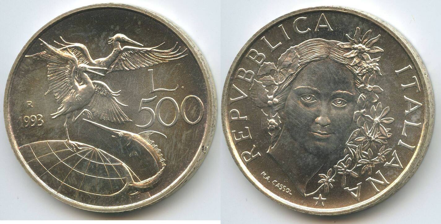 Italien Republik 500 Lire Silber 1993 R Rom M#7628 - Italian wildlife protection Storks and ...