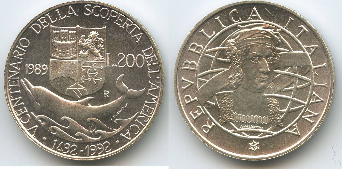 Italien Republik 200 Lire Silber 1989 R Rom M#7632 - 500th Anniversary of discovery of America ...
