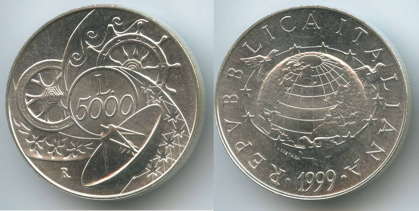 Italien Republik 5000 Lire Silber 1999 R Rom M#7637 - Towards 2000 - The Earth - Italy ...