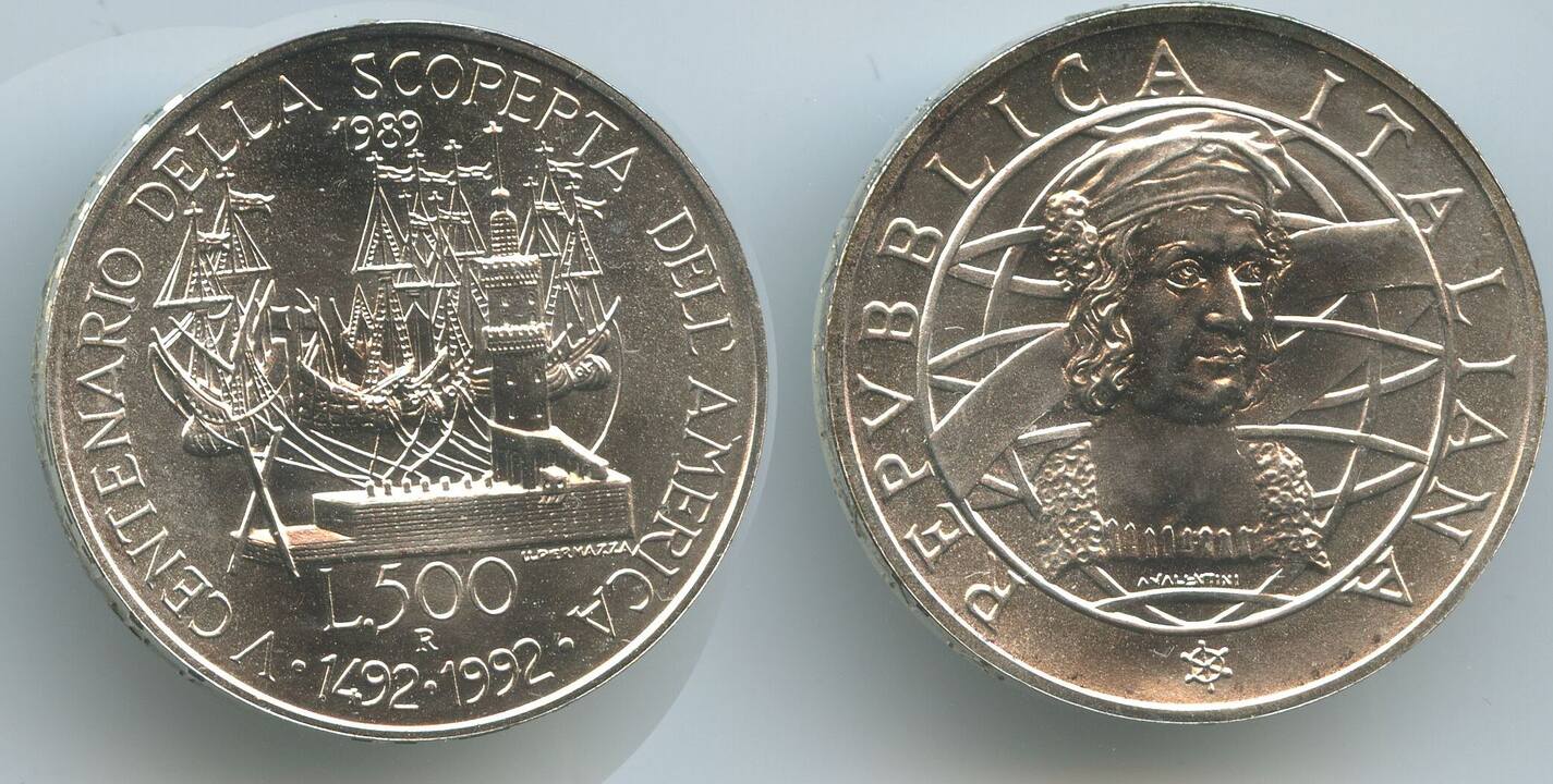 Italien Republik 500 Lire Silber 1989 R Rom M#7640 - 500th Anniversary of discovery of America ...