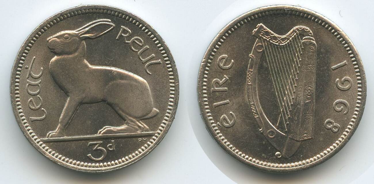 Irland 3 Pingin / ½ Reul (3 Pence) 1968 G7820 - Hase Hare Ireland Éire ...