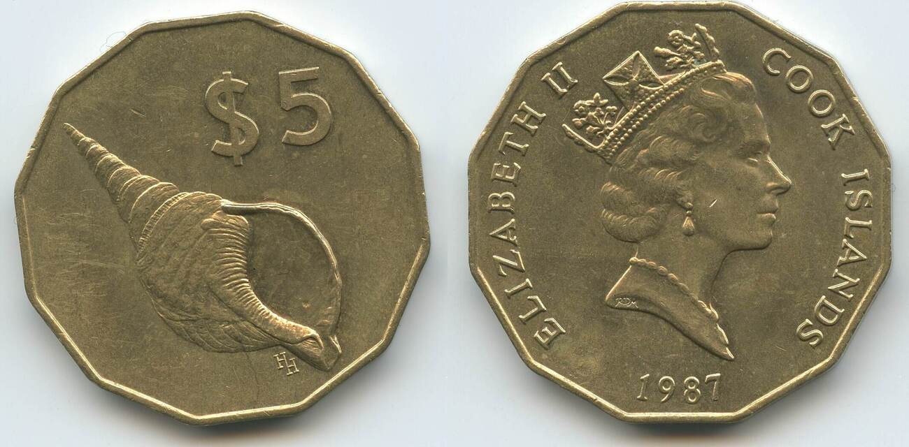 Cook Inseln 5 Dollars 1987 G12417 - Schnecke Conch Shell - Cook Islands ...