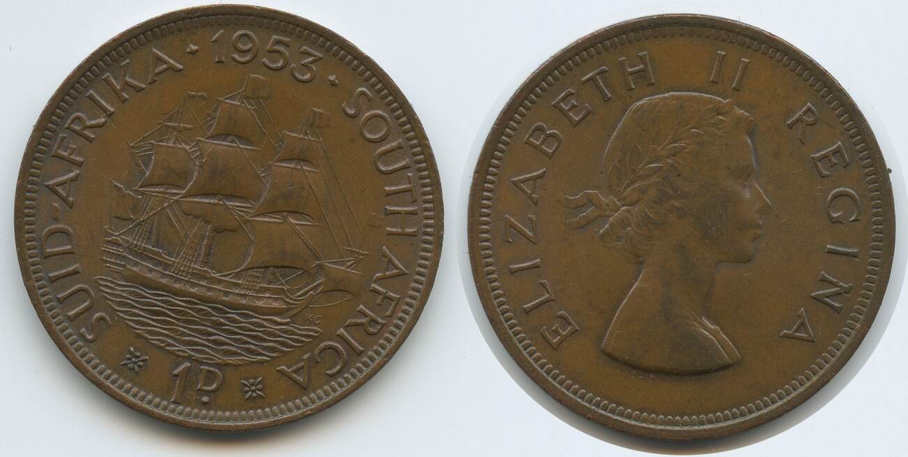 Südafrika 1 Penny 1953 G9380 - Ship Dromedaris - Queen Elizabeth II ...