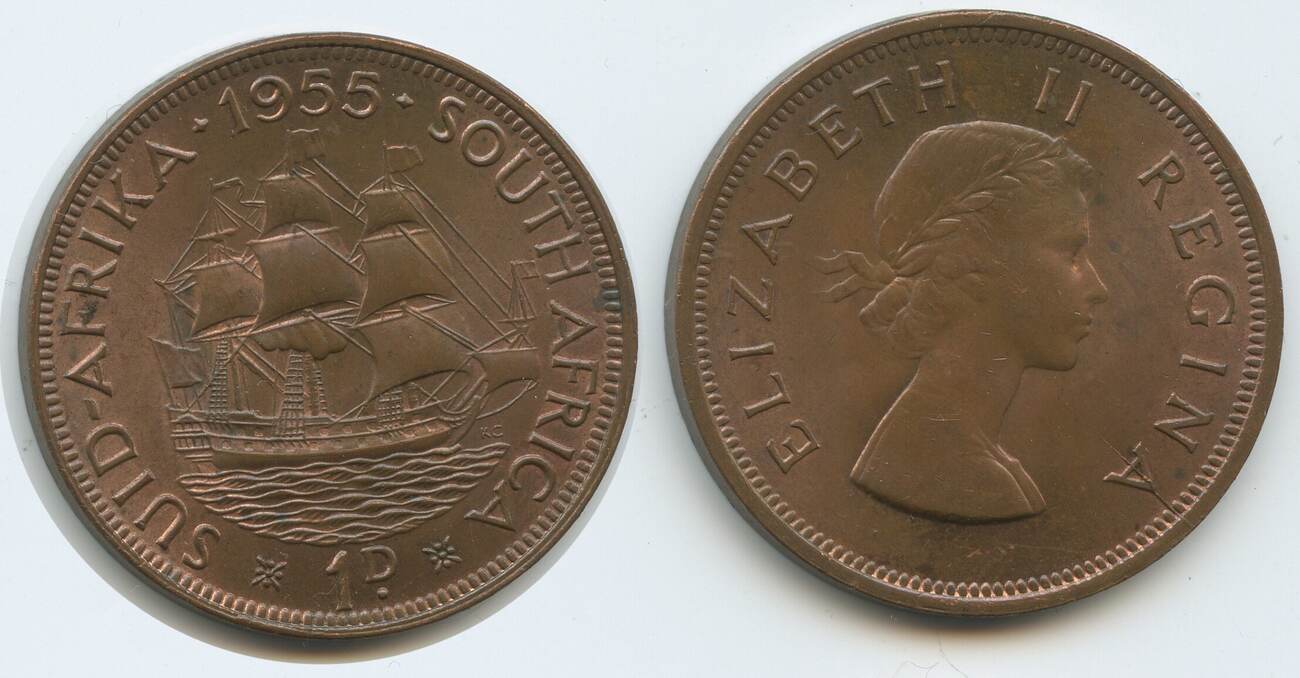 Südafrika 1 Penny 1955 G9381 - Ship Dromedaris - Queen Elizabeth II ...