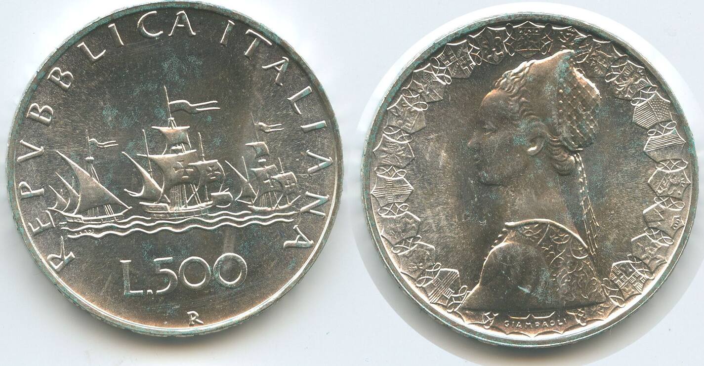 Italien Republik 500 Lire Silber 1982 R Rom M#3010 - Christopher Columbus's ships, Nina, Pinta ...