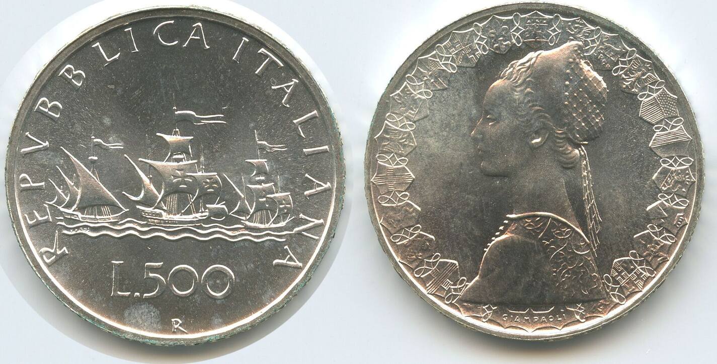 Italien Republik 500 Lire Silber 1990 R Rom M#3014 - Christopher Columbus's ships, Nina, Pinta ...