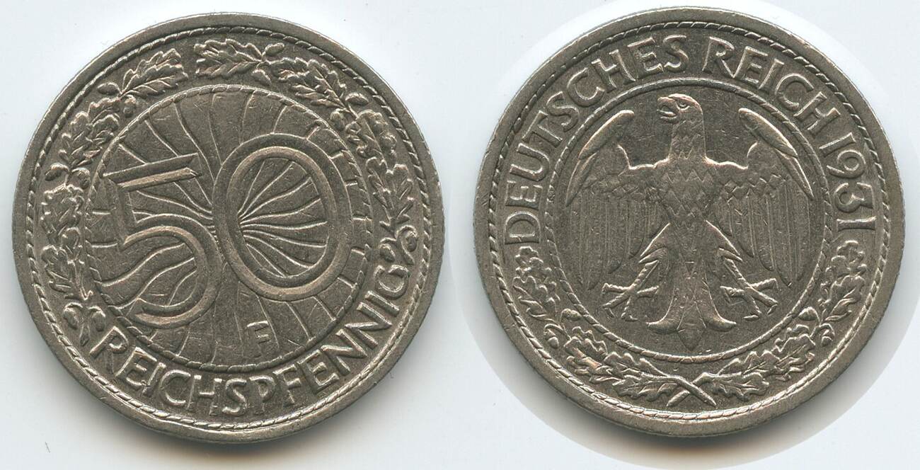 Deutsches Reich Weimar 50 Reichspfennig 1931 F Stuttgart G10388 ...