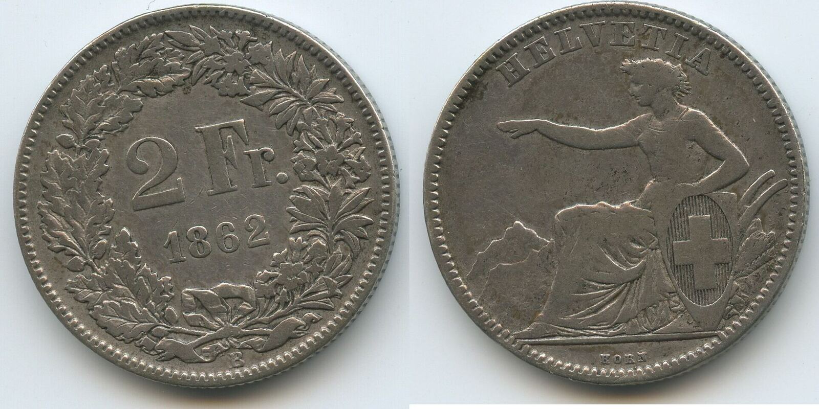 Schweiz Eidgenossenschaft 2 Franken Silber Sitzende Helvetia 1862 B Bern H0746 - RAR Seated ...