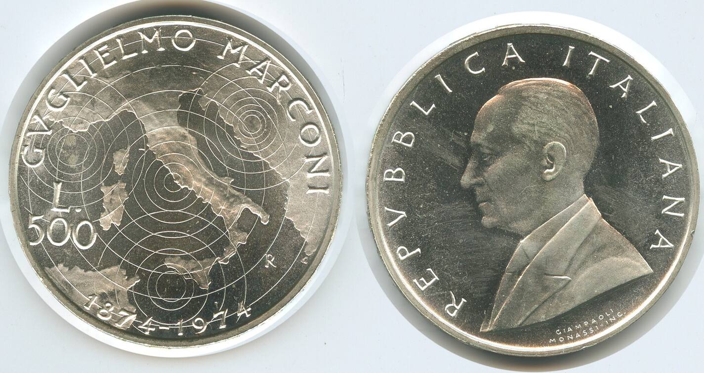 Italien Republik 500 Lire Silber 1974 R M#7625 - 100th Anniversary of the birth of Guglielmo ...