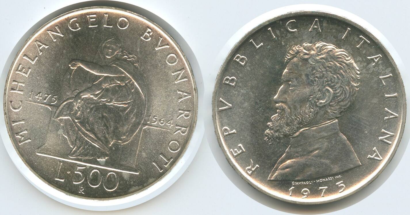Italien Republik 500 Lire Silber 1975 R M#7630 - 500th Anniversary of the Birth of Michelangelo ...