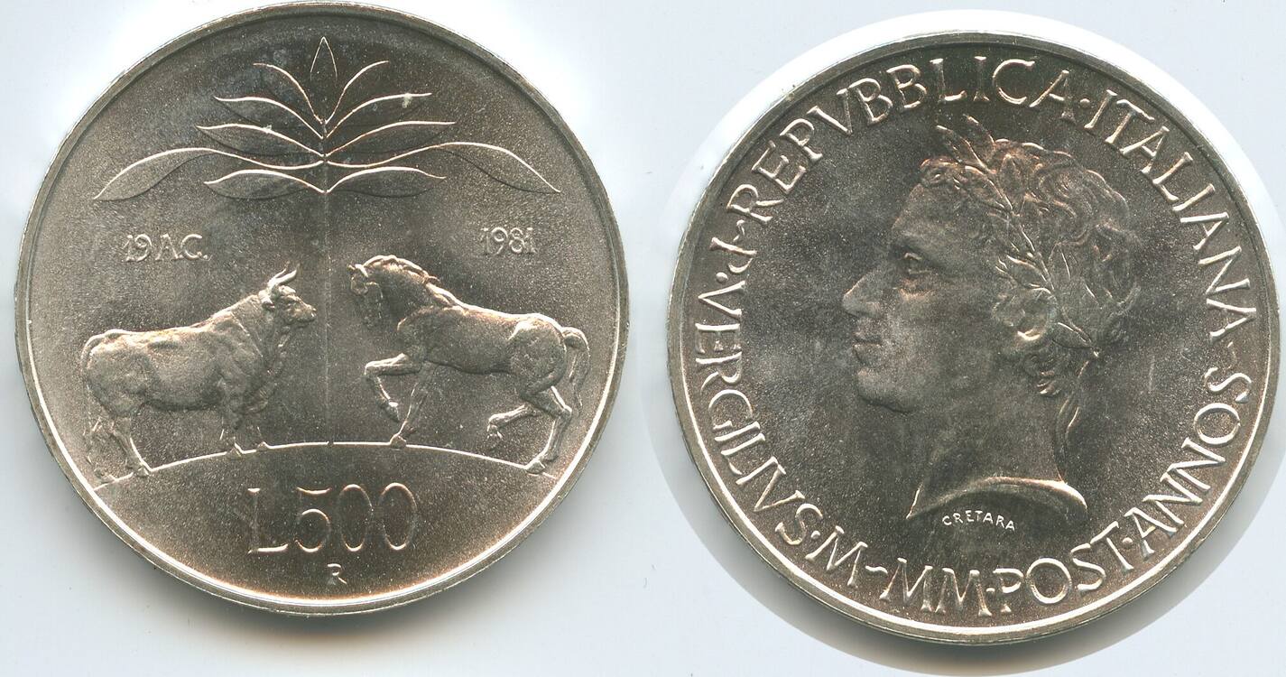 Italien Republik 500 Lire Silber 1981 R Rom M#7642 - 2000th Anniversary of the Death of Virgil ...