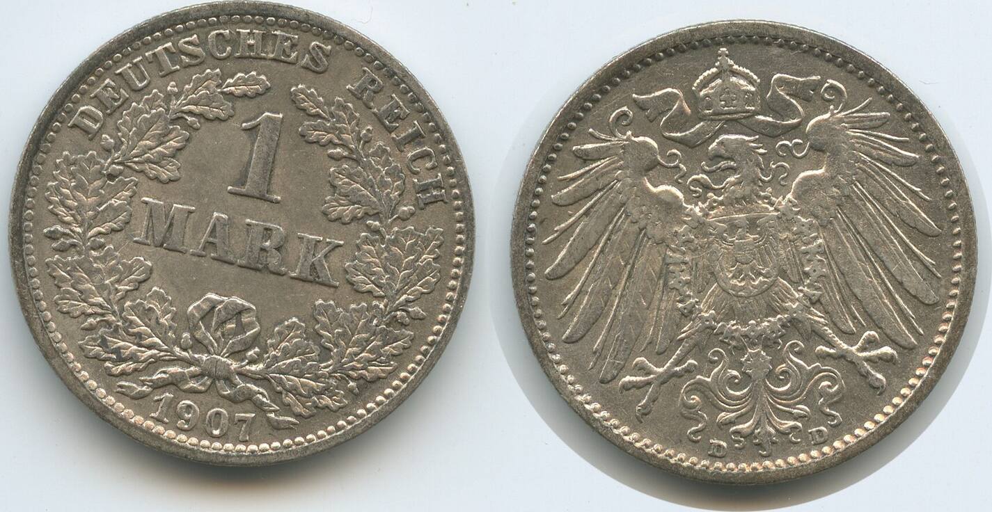 Deutsches Reich Kaiserreich 1 Mark Silber 1907 D München G10652 - Wilhelm II. 1888-1918 Munich ...