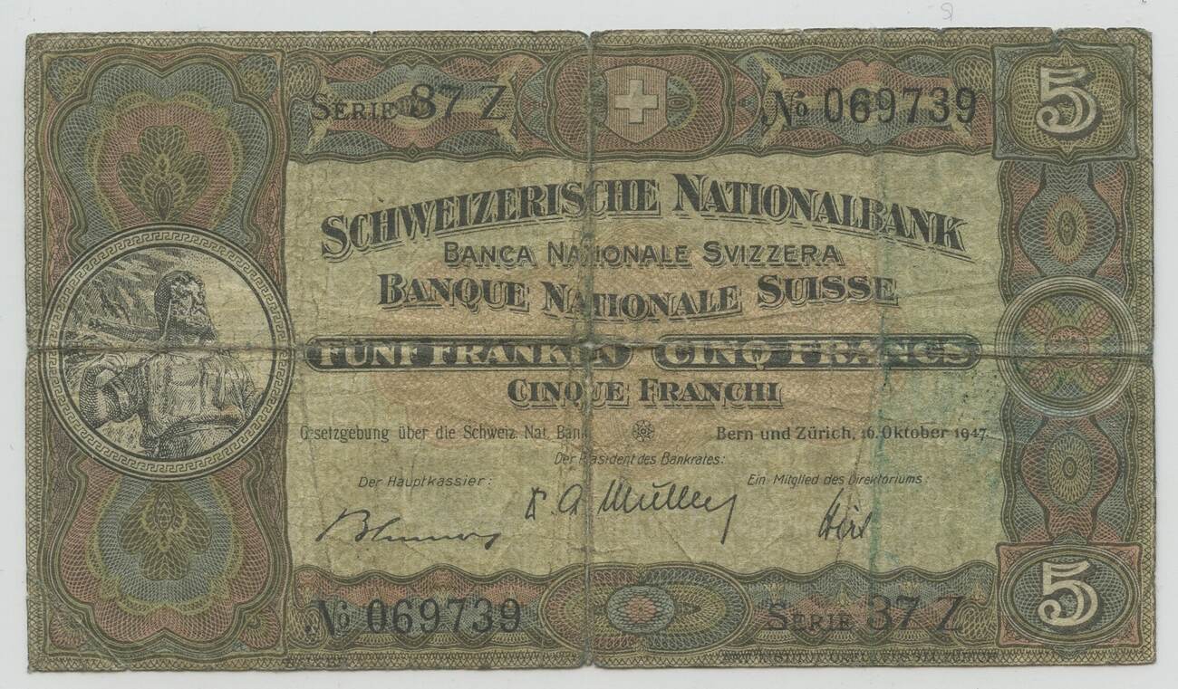Schweiz Eidgenossenschaft 5 Franken (5 Francs) 16.Oktober 1947 GB037 - Schweizerische ...