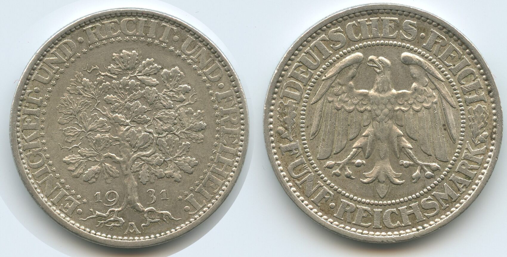 Deutsches Reich Weimar 5 Reichsmark Silber 1931 A Berlin S0174 - Eichbaum - Weimar Republic ...