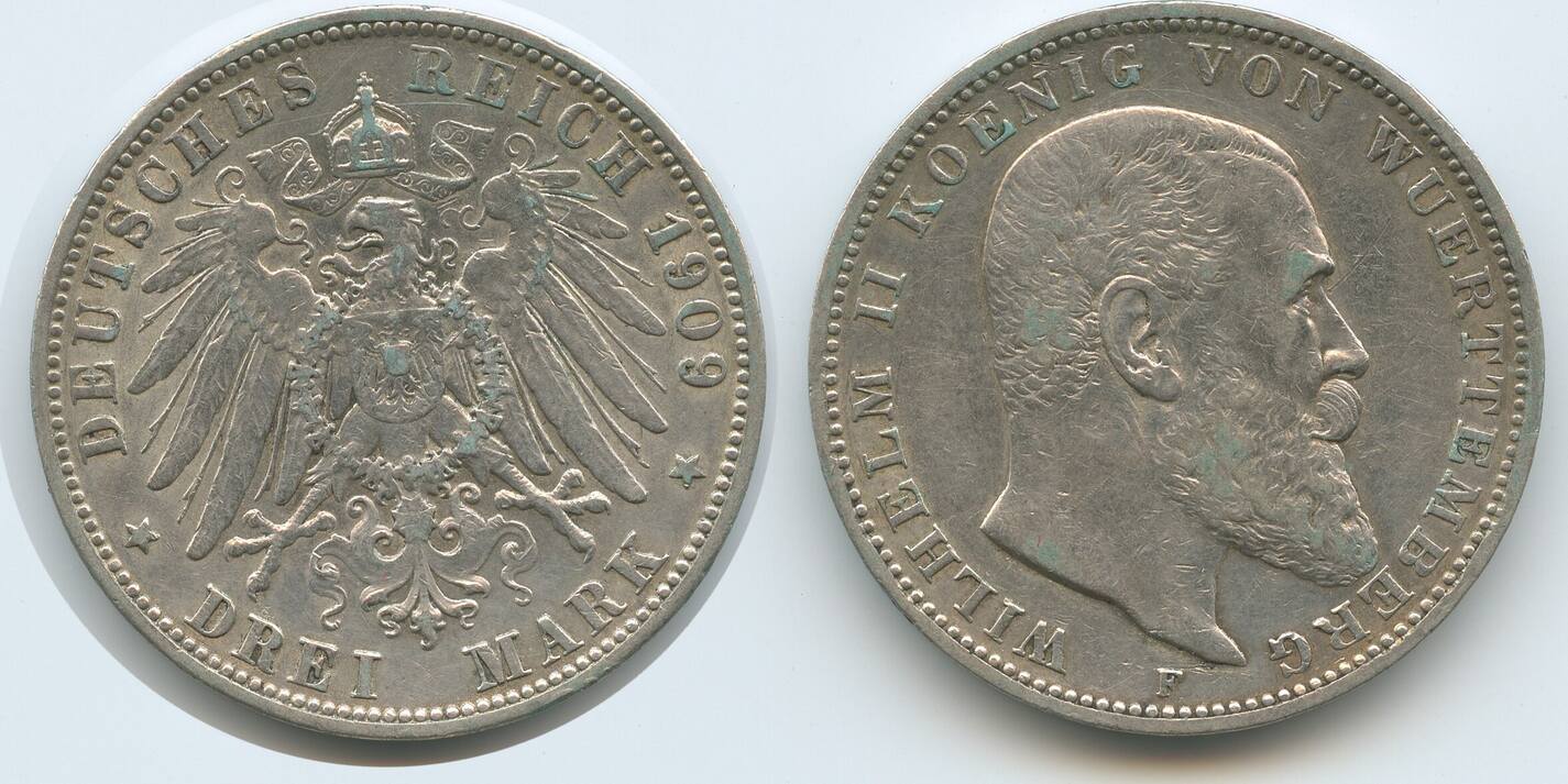 Deutsches Reich Kaiserreich Württemberg 3 Mark Silber 1909 F Stuttgart S0175 - Wilhelm II. 1891 ...