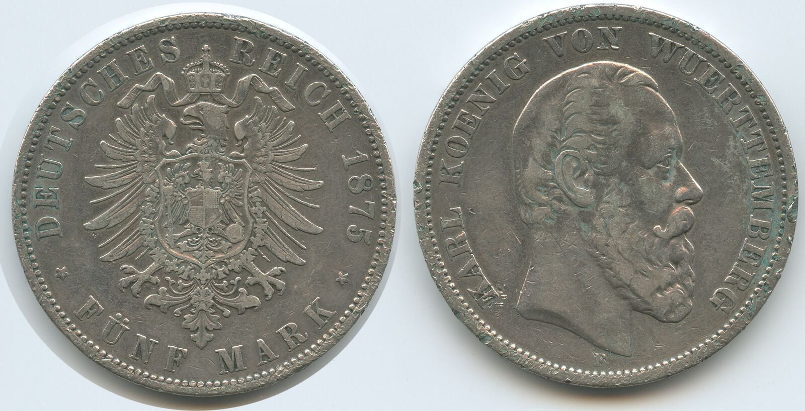 Deutsches Reich Kaiserreich Württemberg 5 Mark Silber 1875 F Stuttgart S0176 - Karl I. 1864-1891 ...