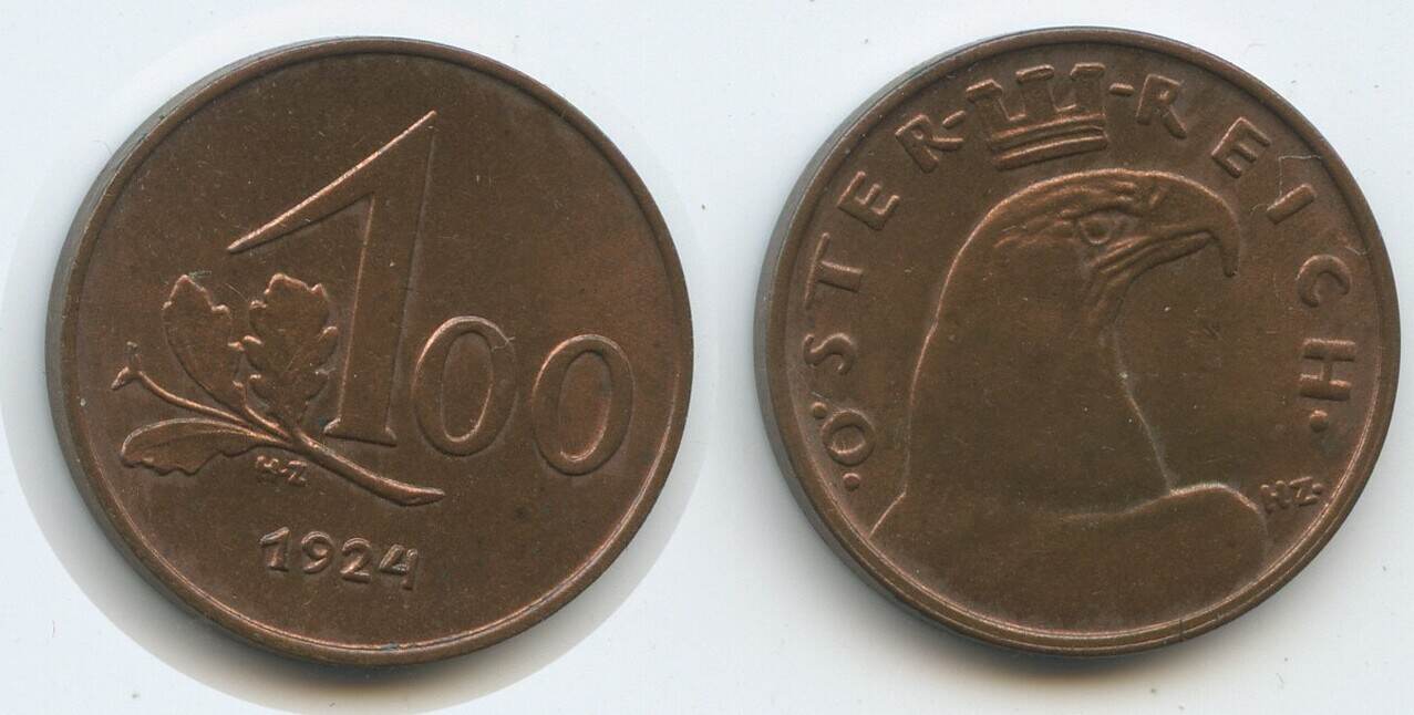Österreich 100 Kronen (1 Groschen) 1924 G4210 - 1.Republik 1918-1938 ...