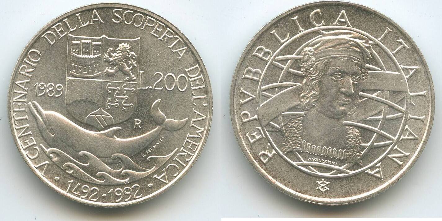 Italien Republik 200 Lire Silber 1989 R Rom M#7615 - 500th Anniversary of discovery of America ...