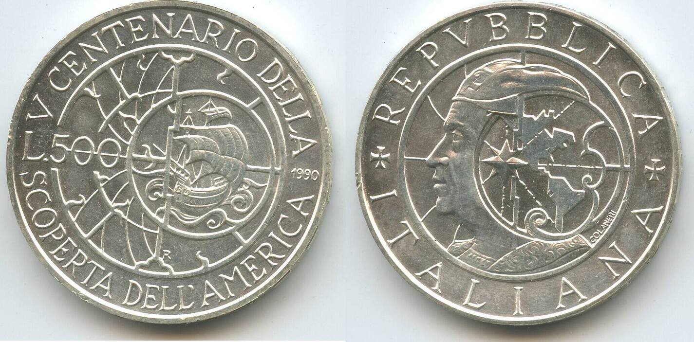 Italien Republik Italy 500 Lire Silber 1990 R Rom M#7625 - 500th Anniversary of discovery of ...