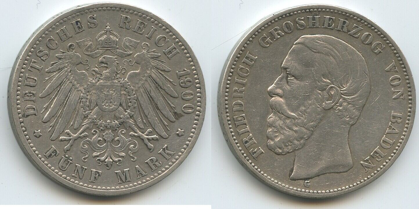 Deutsches Reich Kaiserreich Baden 5 Mark Silber 1900 G Karlsruhe S0180 - King Friedrich I. 1856 ...