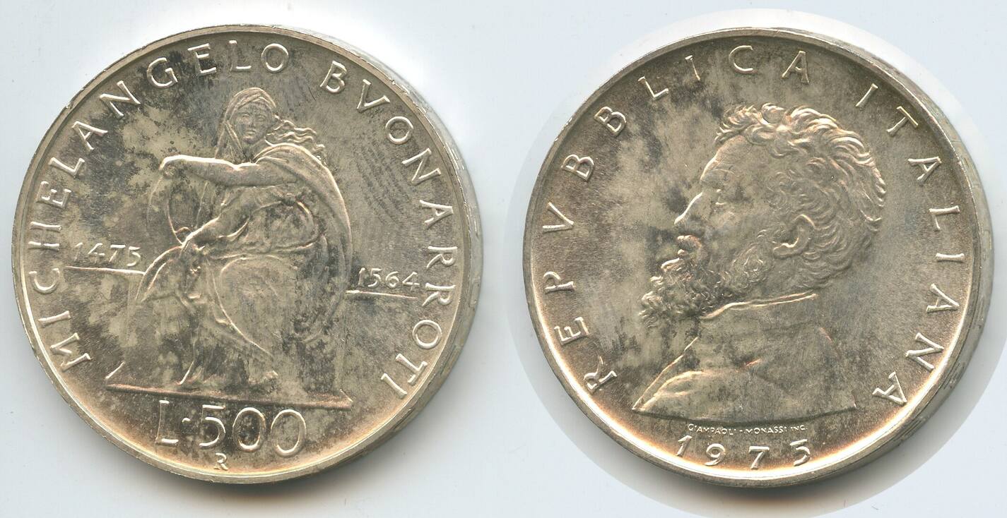 Italien Republik 500 Lire Silber 1975 R M#7639 - 500th Anniversary of the Birth of Michelangelo ...