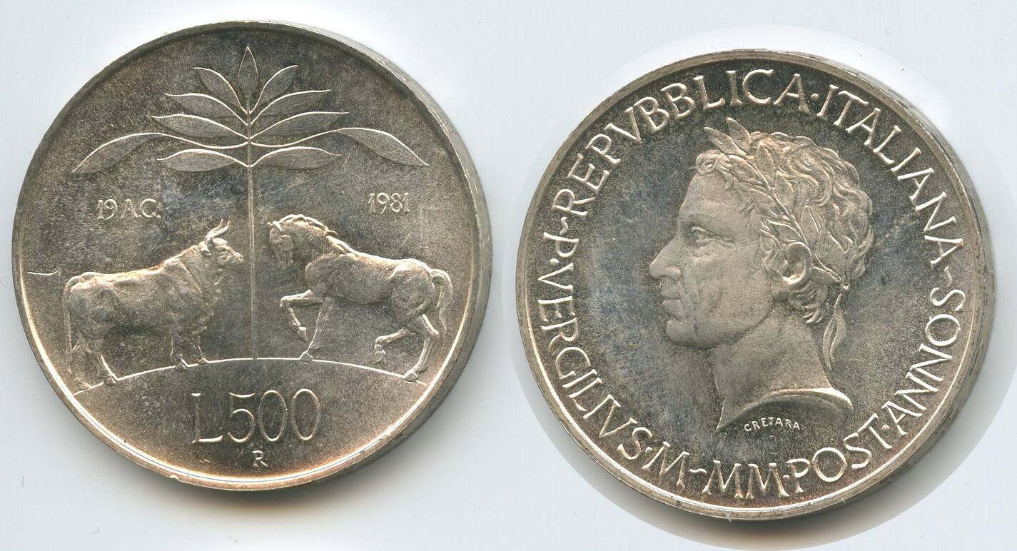 Italien Republik 500 Lire Silber 1981 R Rom M#7644 - 2000th Anniversary of the Death of Virgil ...