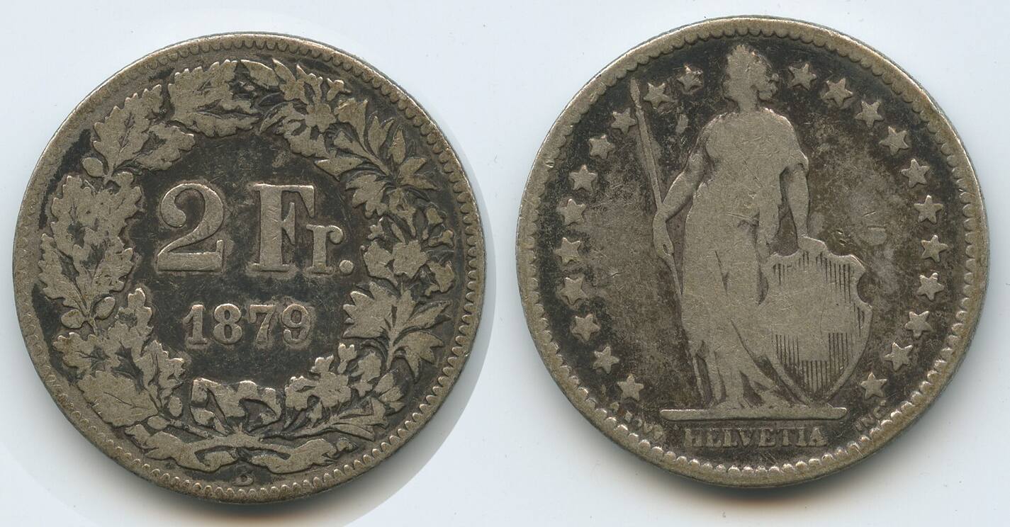 Schweiz Eidgenossenschaft 2 Franken Silber 1879 B Bern H0616 - Switzerland Confédération ...