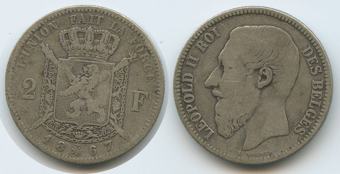 Belgien Königreich 2 Francs Silber 1867 H0635 - Des Belges - Leopold II. 1865-1909 Belgium Schön ...