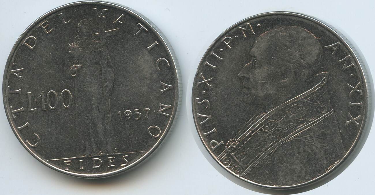 Vatikan Italien-Kirchenstaat 100 Lire 1957-XIX G1643 - Papst Pius XII. 1938-1958 Vatican City ...