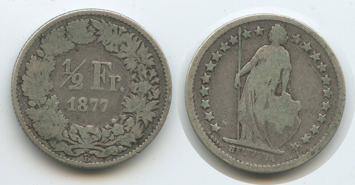 Schweiz Eidgenossenschaft 1/2 Franken Silber (½ Franc) 1877 B Bern H0041 - Helvetia ...