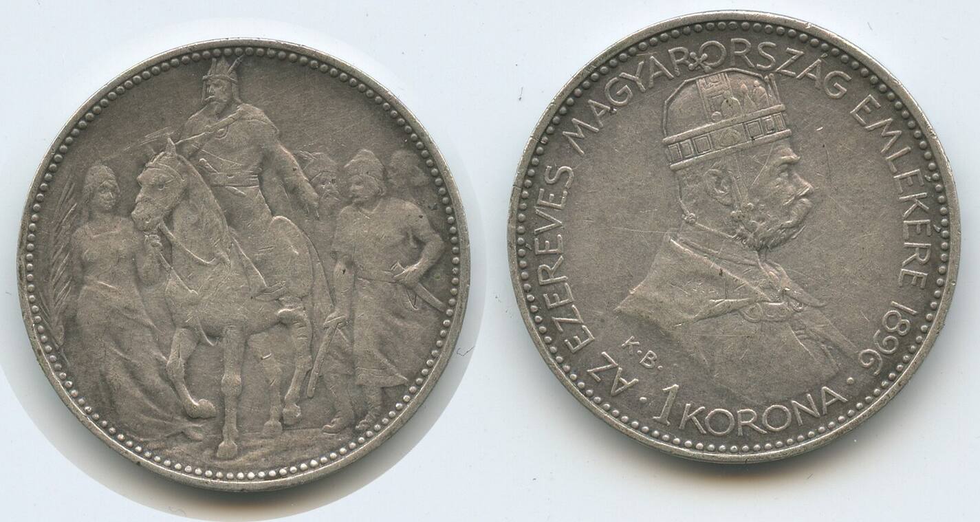 Ungarn Kaiserreich 1 Korona (Krone) Silber 1896 KB Kremnitz G5679 - 1000-Jahrfeier Millennium ...